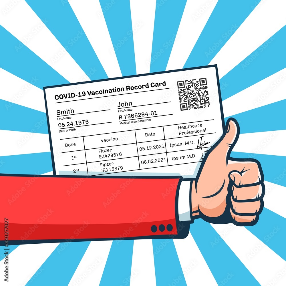 Vaccination certificate and thumbs up - vector poster temolate. Covid ...