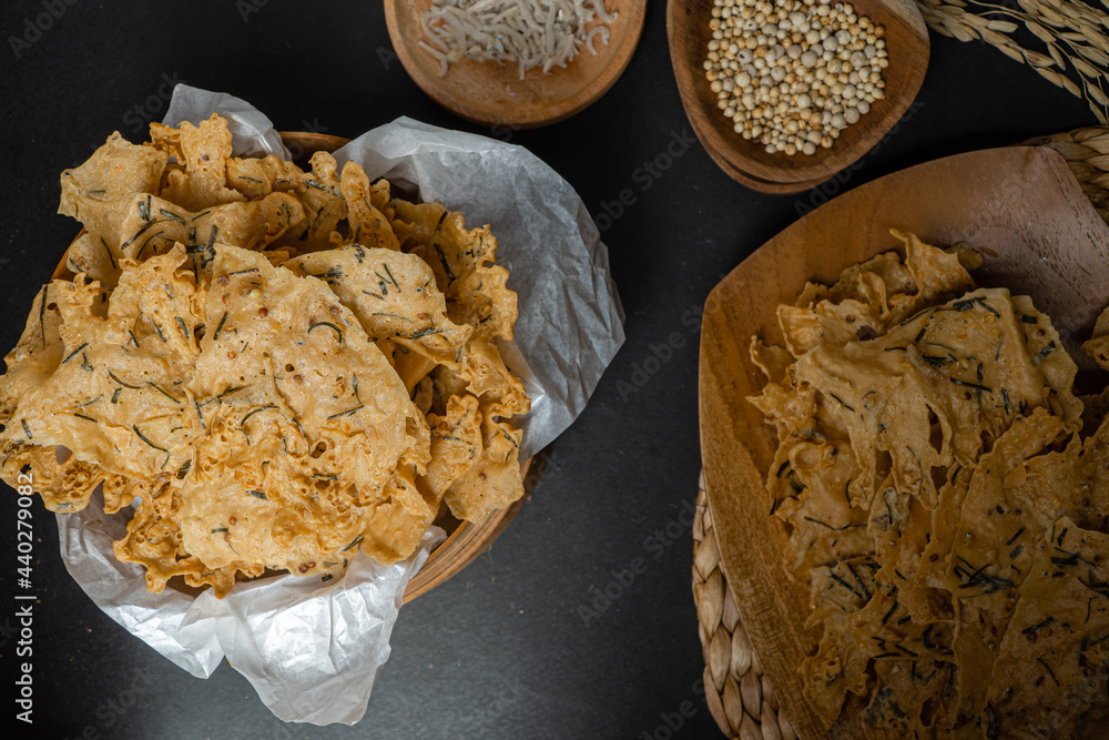 Rempeyek or peyek ikan teri, a deep-fried savoury Indonesian-Javanese ...