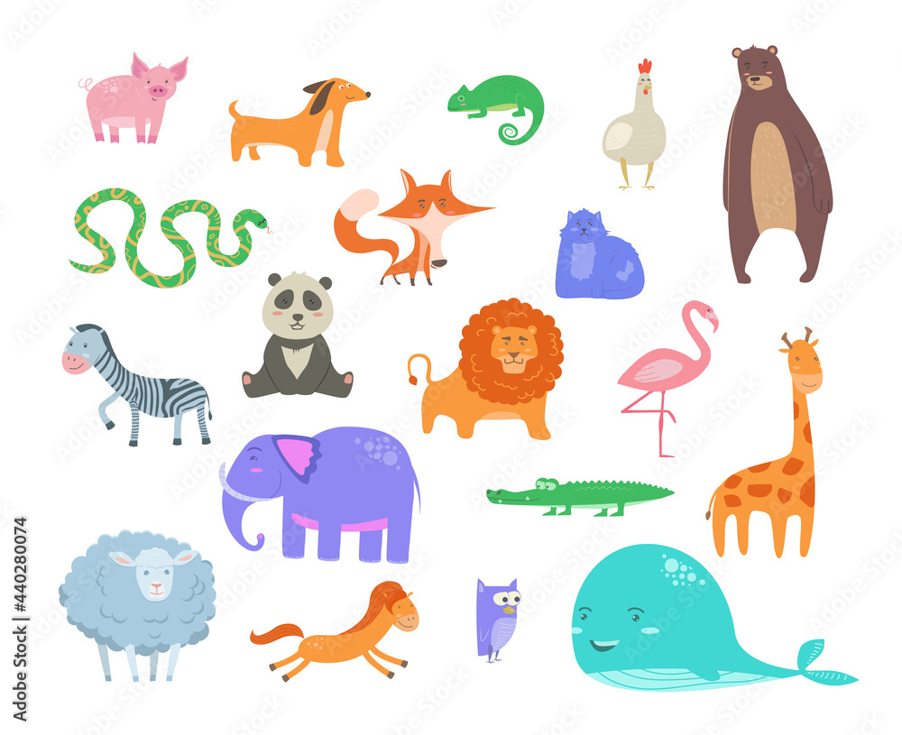 Set of Cute cartoon wild and farm domestic animals and birds isolated ...