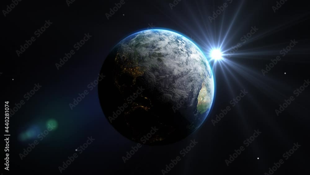 Sunrise and shadow on the earth rotate in space with star in universe ...