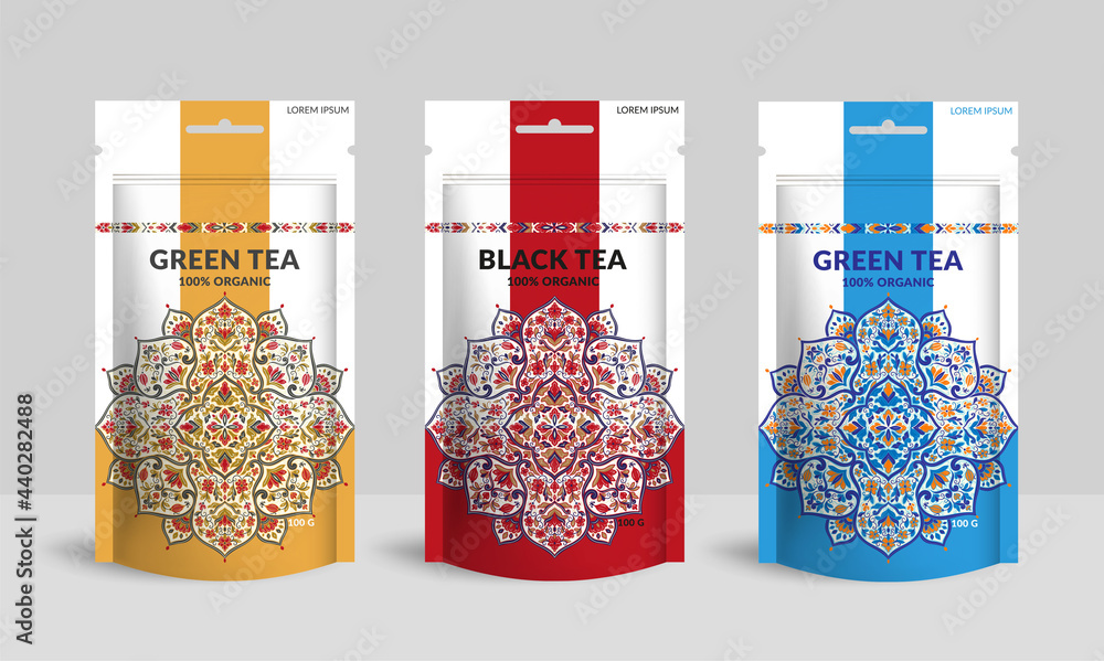 Colorful tea packaging design with zip pouch bag mockup. Vector ...