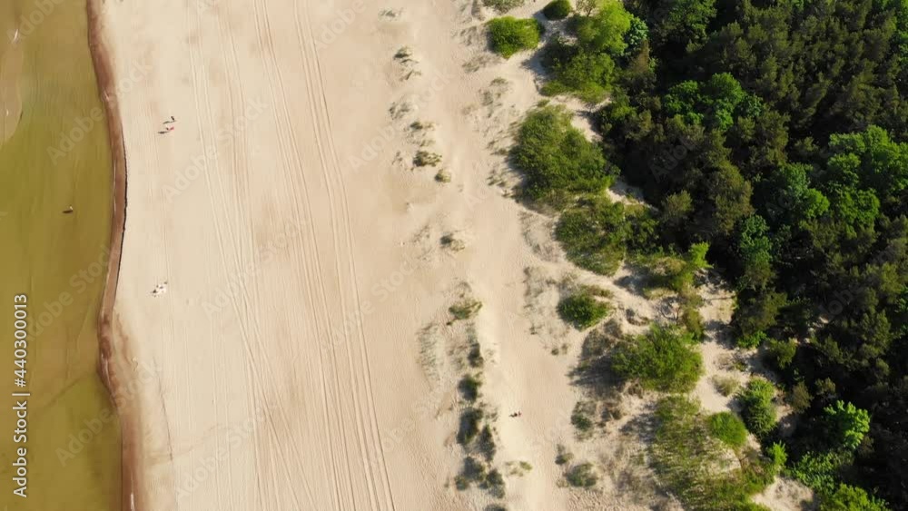 Top view Palanga white sand pristine beach with pine woods and sea ...