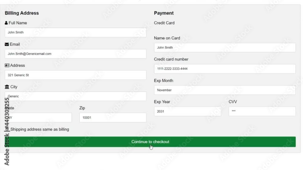 Click Continue to Checkout in Checkout Form Online. Credit Card and ...