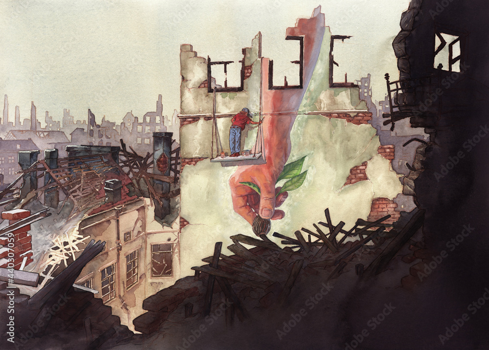 Street artist. graffiti artist painting on a ruined wall. Art as a ...