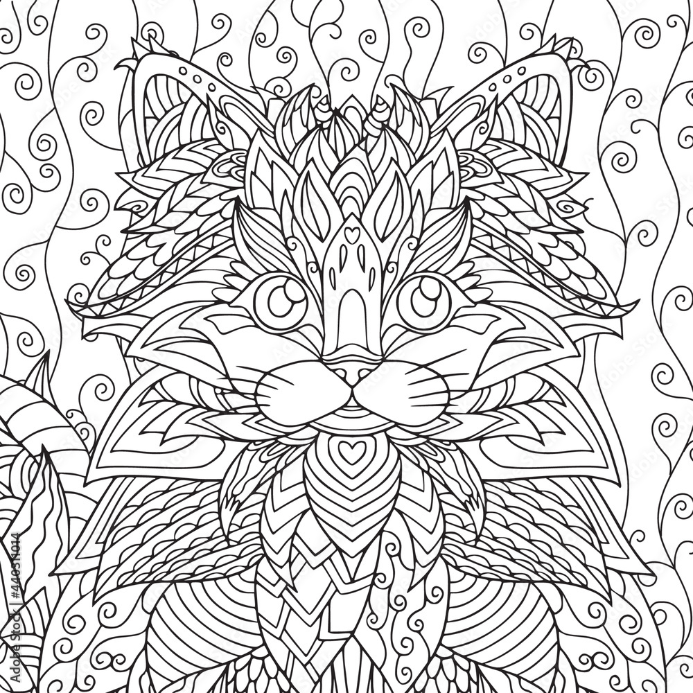 Cat portrait coloring book with vintage pattern and zentangle elements ...