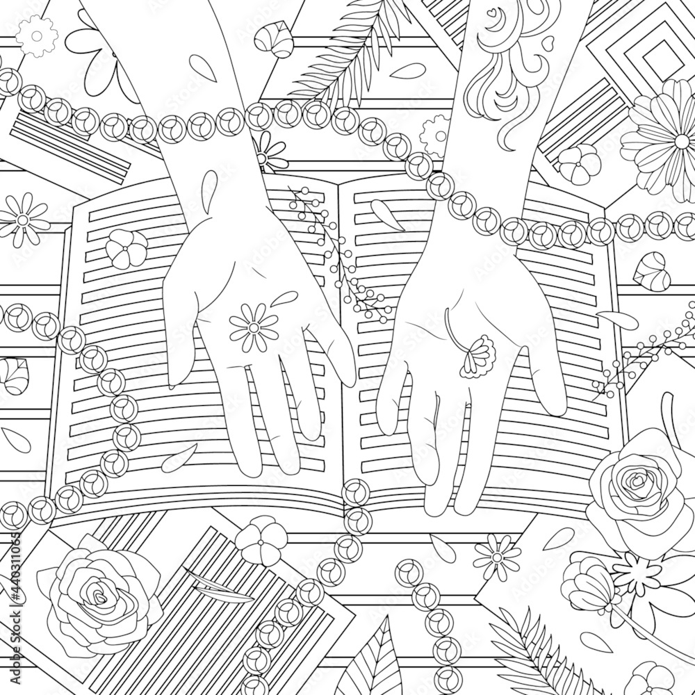 Flat lay of books, notes, flowers, botanic leaves with girl hands with ...