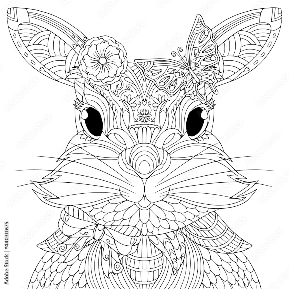 Cute bunny girl portrait with flower, butterfly, bow. Coloring book ...