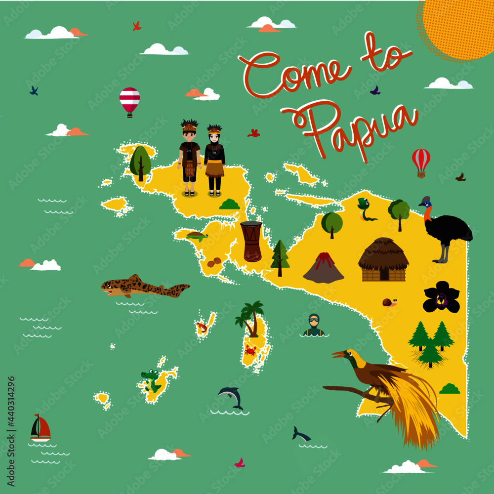 Papua Indonesia tourism map vector Illustration with animals and ...