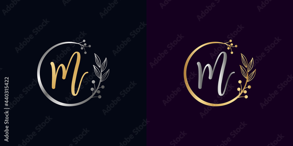 set of luxury golden and silver signature letter M isolated circle with ...