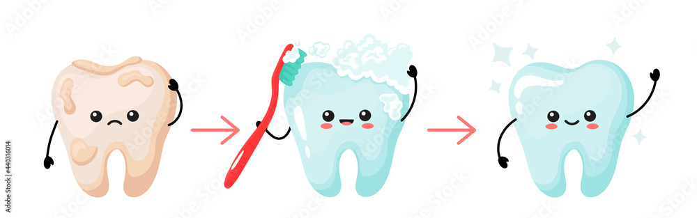 cleansing your teeth. stages of cleaning. cute kawaii teeth. vector ...