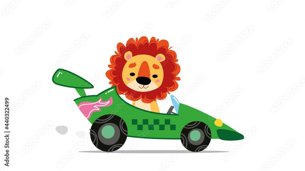 Cute baby lion cub rides in a toy car. Animated green racing transport ...