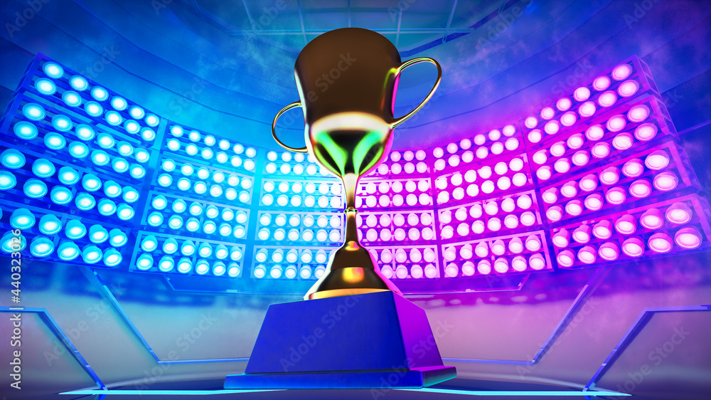 Gold trophy for winner E-sport gaming with background blue and violet ...