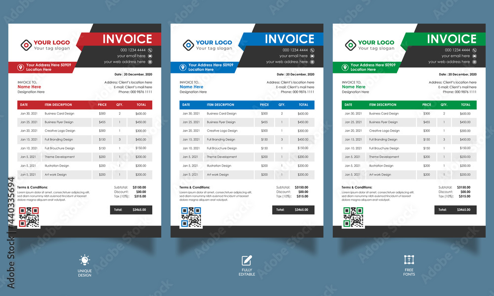 A4 size Creative Invoice Template in 3 different color Stock Vector ...