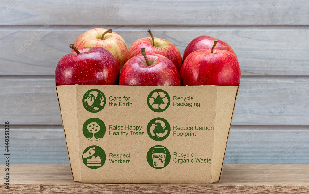 sustainable ethical eco food labels on apples, respect, recycle, reduce ...