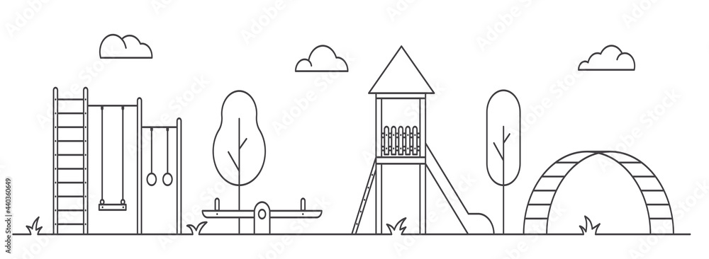 Playground for children. Line art illustration. Landscape of park with ...