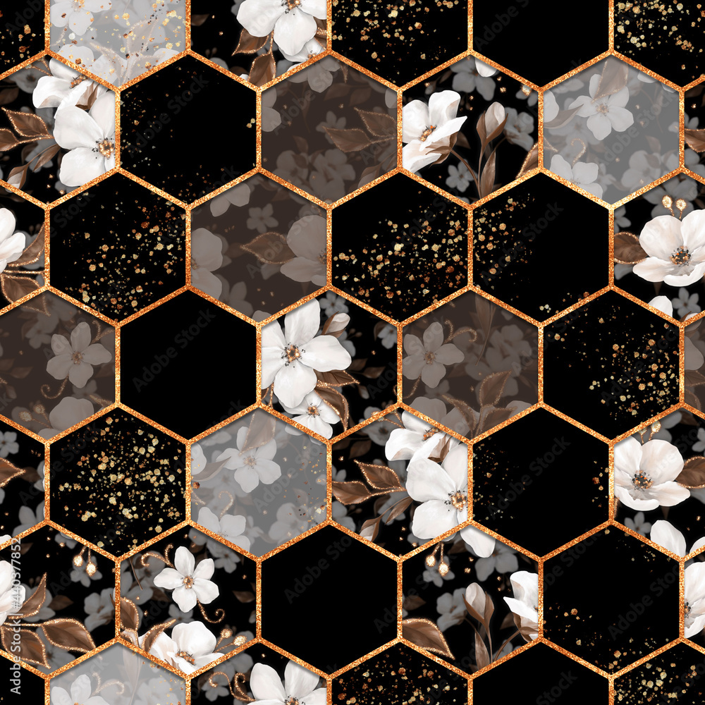 Decorative pattern. Hexagon seamless texture with white flowers Stock ...