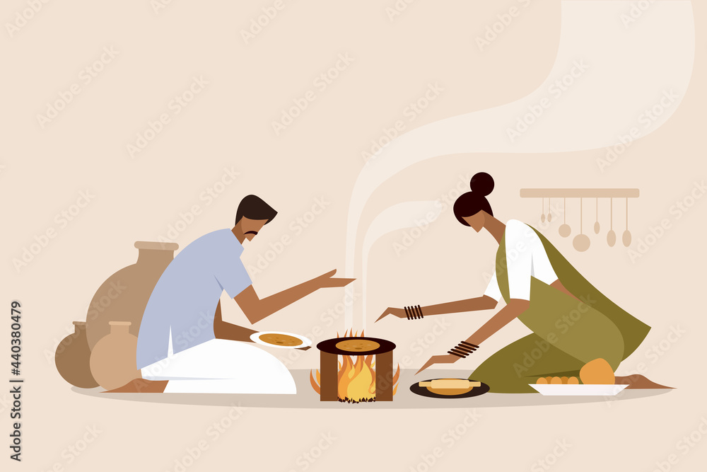 Illustration of an Indian family making and eating 'Roti' in the ...