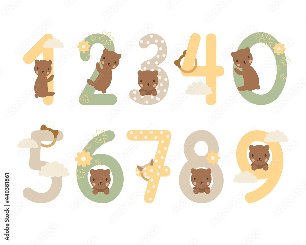 Set of Children numbers from 0 to 10. Monthly Milestone clipart. Bear ...