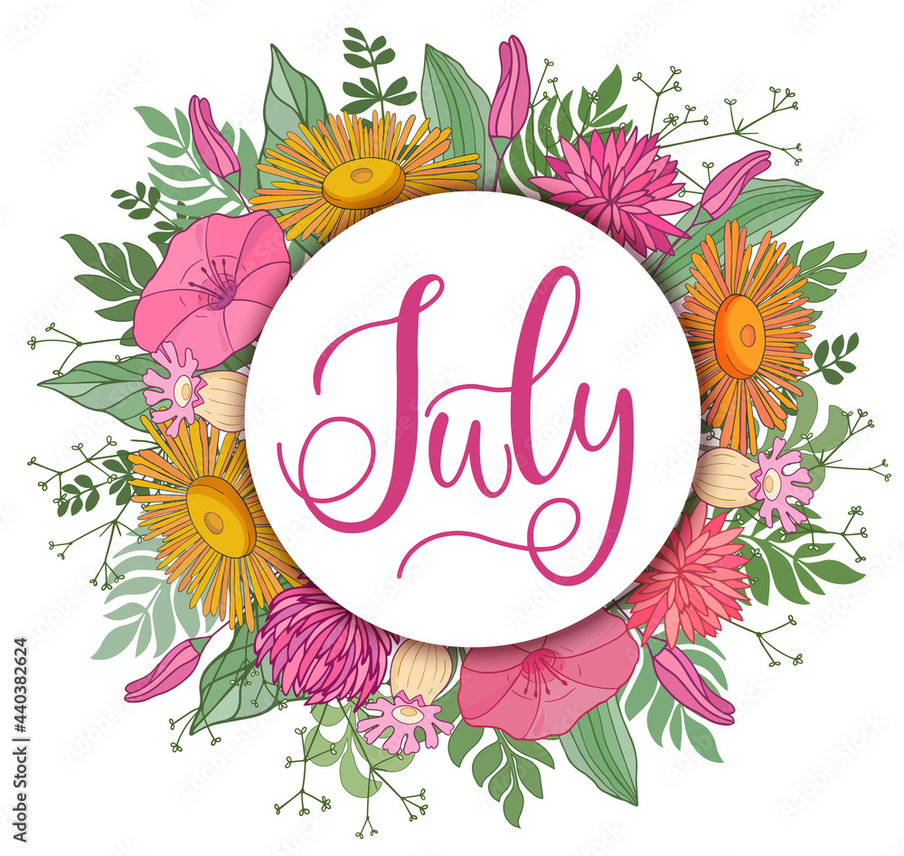 Handwritten, hello july, lettering message. July welcome quote with ...