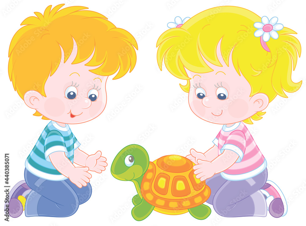 Little girl and boy friendly smiling and playing with their small ...