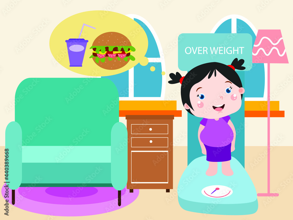 Overweight child vector concept. Fat little girl thinking fast food ...