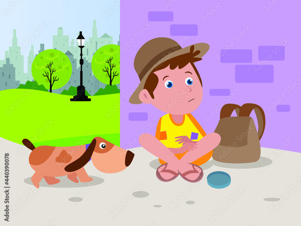 Homeless vector concept. Homeless little boy sitting with a stray dog ...