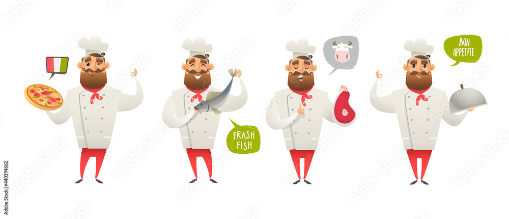 Cute Cartoon Chef Character holding Pizza, Fresh Fish, Beef Steak meat ...