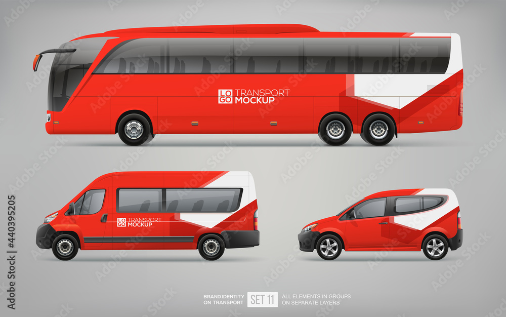 Mockup set of red Coach Bus, Passenger Van and service Car isolated ...