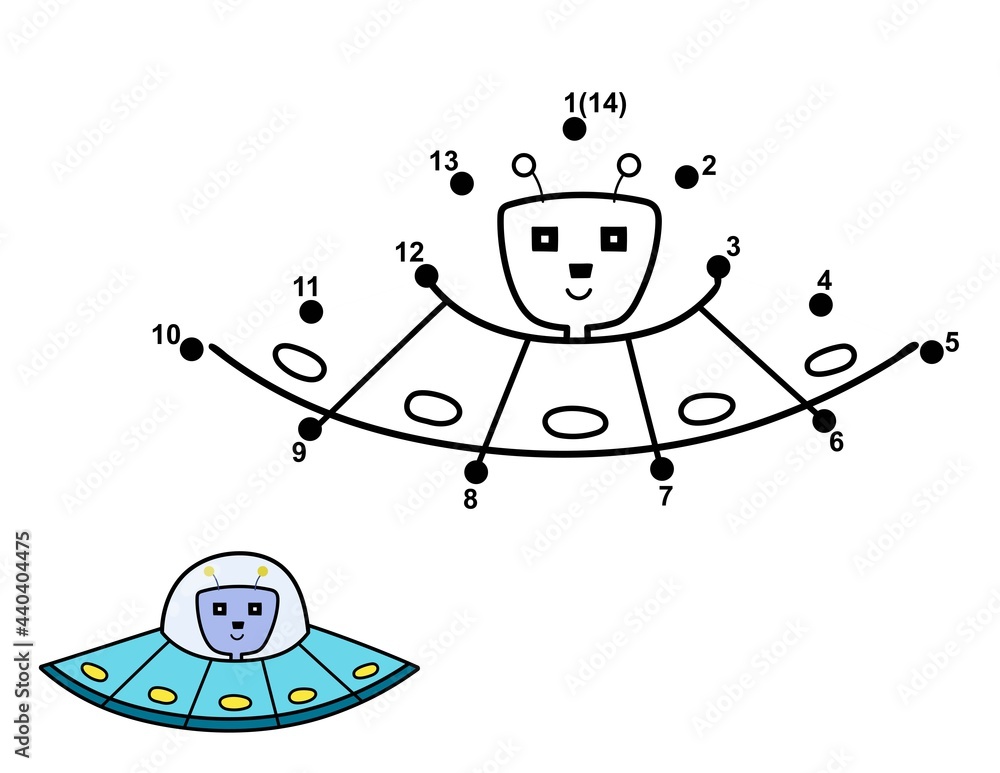 Connect the dots and draw a cute alien in flying saucer. Space dot to ...