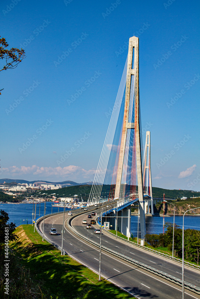 Early Morning view of 1,885m Russky Island Bridge in Russia, connects ...