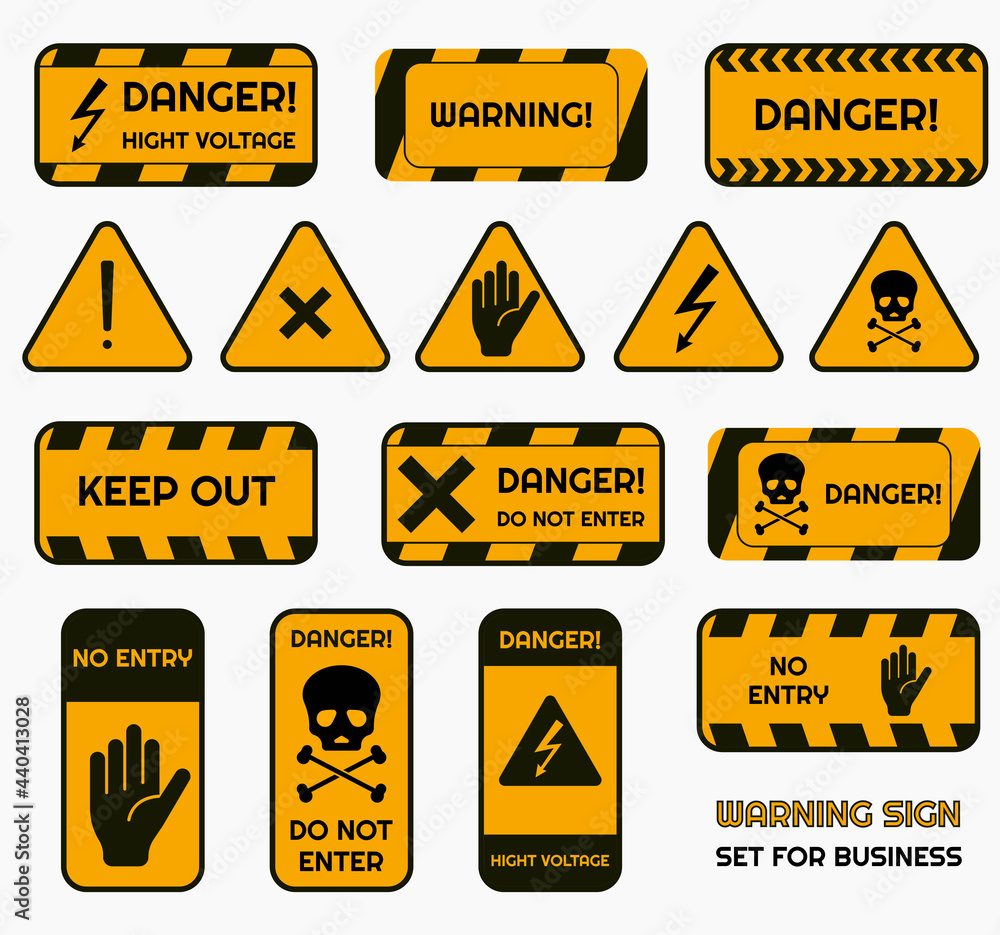 Signs warning of the danger - fire, high voltage, toxic, temperature ...