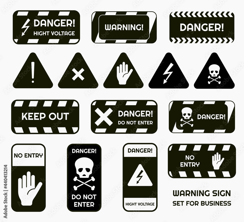 Signs warning of the danger - fire, high voltage, toxic, temperature ...