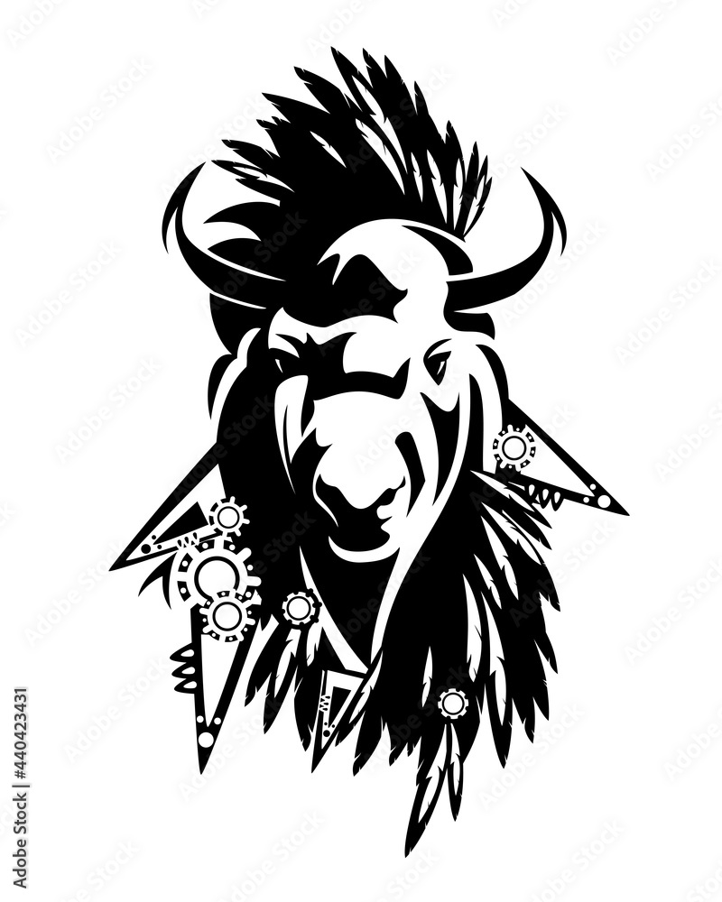 wild totem bison bull head with traditional native american style ...