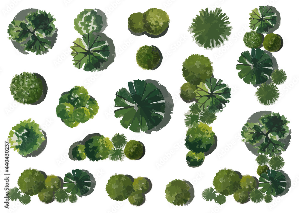 Collection of abstract vector green tree top view isolated on white ...