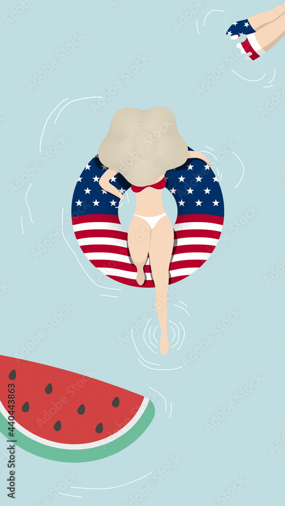 Lady floating on an American themed flag floatie in a pool during ...