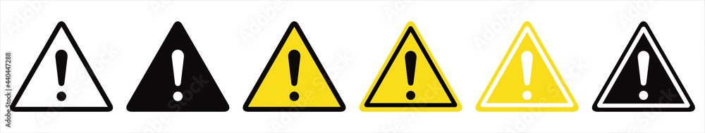 Warning icons set, exclamation mark on triangle signs. Isolated ...