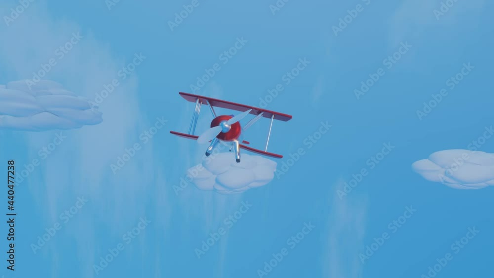 3D stylized model of a toy biplane flying across a blue sky with clouds ...