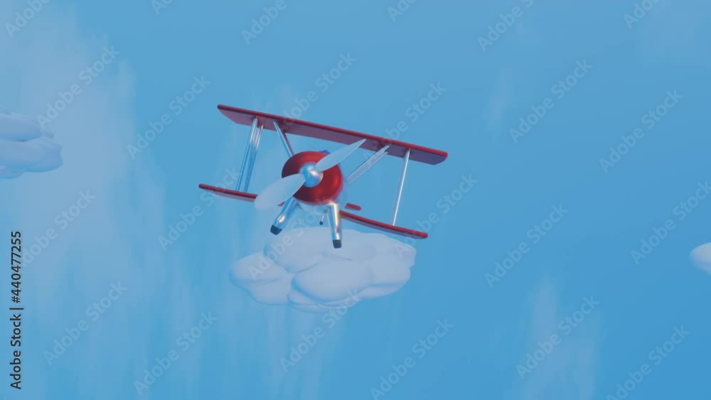 3D stylized model of a toy biplane flying across a blue sky with clouds ...