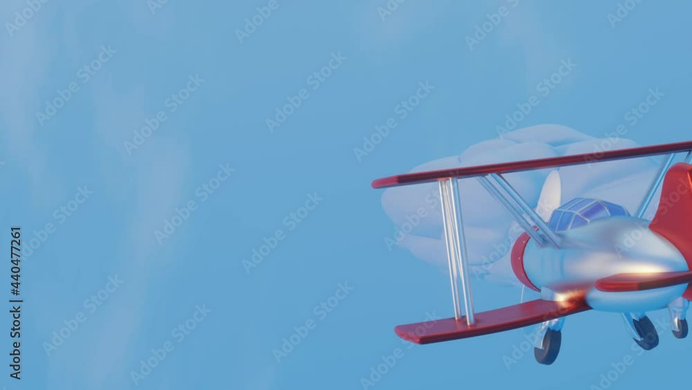3D stylized model of a toy biplane flying across a blue sky with clouds ...