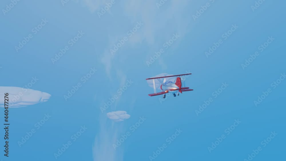 3D stylized model of a toy biplane flying across a blue sky with clouds ...