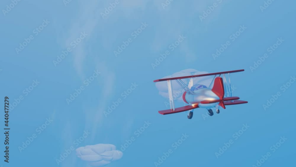 3D stylized model of a toy biplane flying across a blue sky with clouds ...