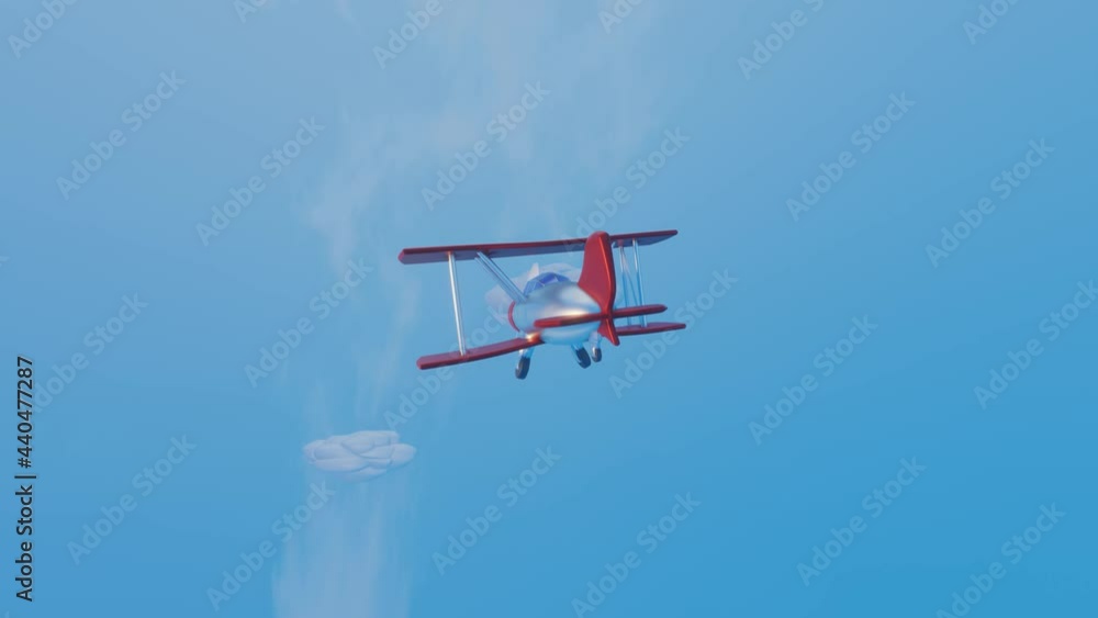 Vidéo Stock 3D stylized model of a toy biplane flying across a blue sky ...