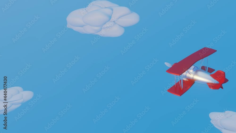 3D stylized model of a toy biplane flying across a blue sky with clouds ...