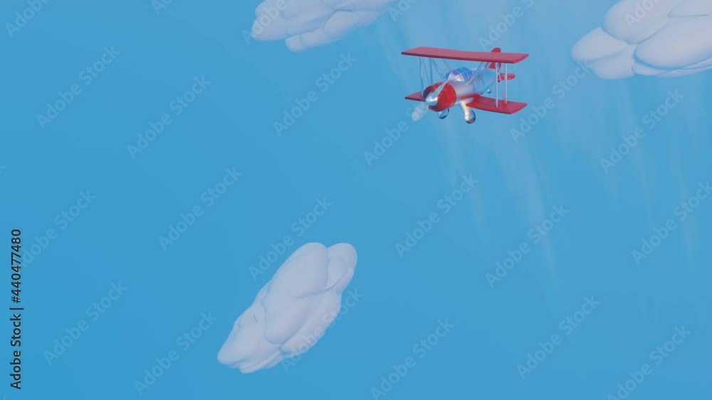 3D stylized model of a toy biplane flying across a blue sky with clouds ...
