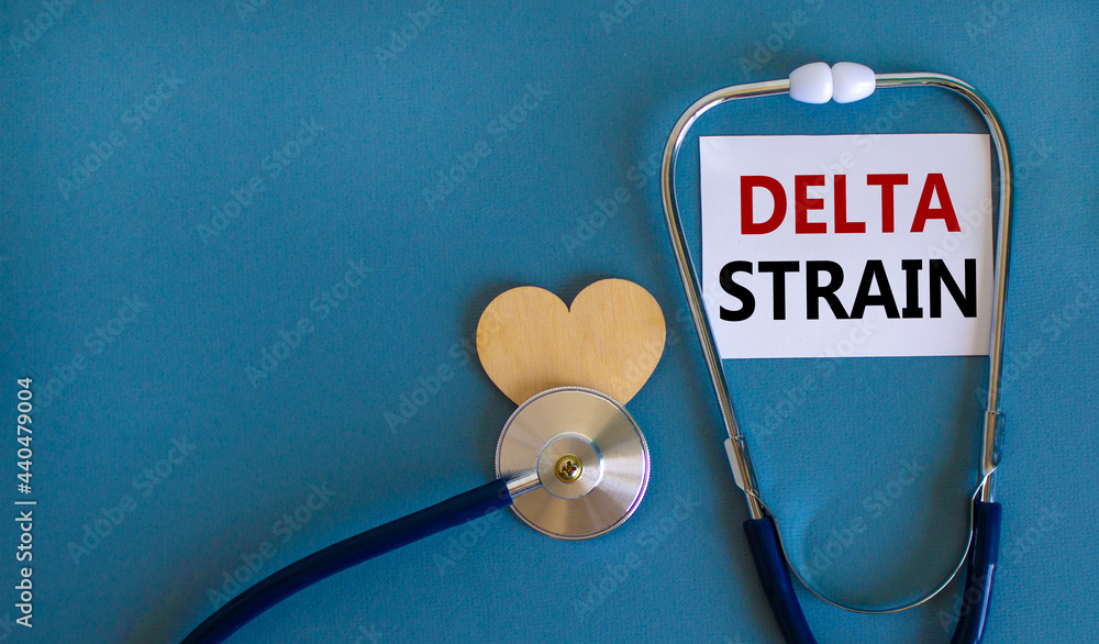New Covid-19 delta strain symbol. White card, words 'delta strain' and ...