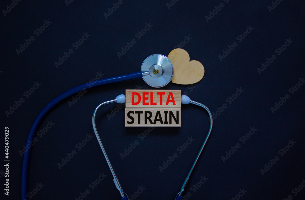 New Covid-19 delta variant strain symbol. White card, words 'delta ...