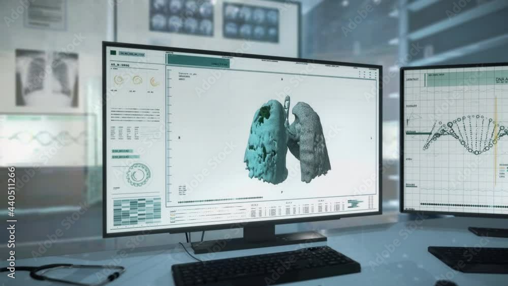 Computer Screens. Covid 19 vaccine creation. Medical Laboratory is ...