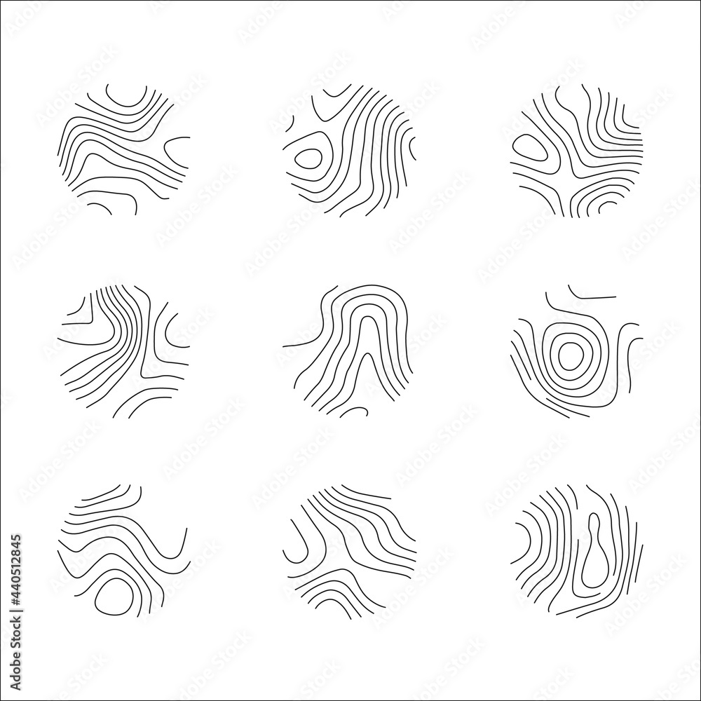 Round icons set with topographic line map, circular geographic grid map ...