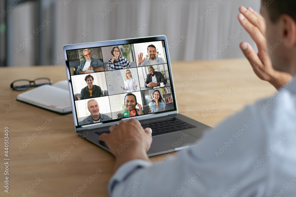 Online meeting, group brainstorming concept. Successful man waving his ...