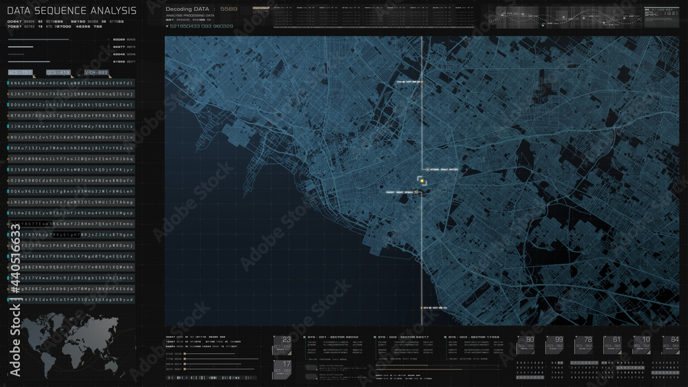 Futuristic digital city map layout with satellite GPS coordinate ...